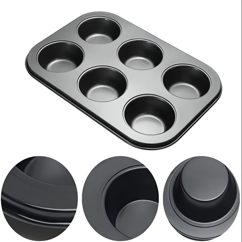 Black Carbon Steel 6-Cup Muffin Tray - Non-Stick, Even Heat Distribution